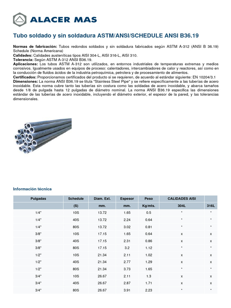 Tubos Inoxidables ASTM A-312 y ANSI B36.19 | PDF | Acero | Materiales