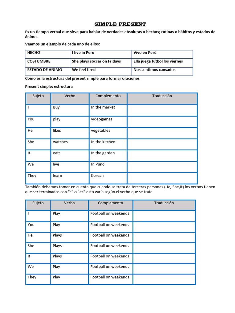 Ficha Presente Simple | Descargar gratis PDF | Verbo | Gramática
