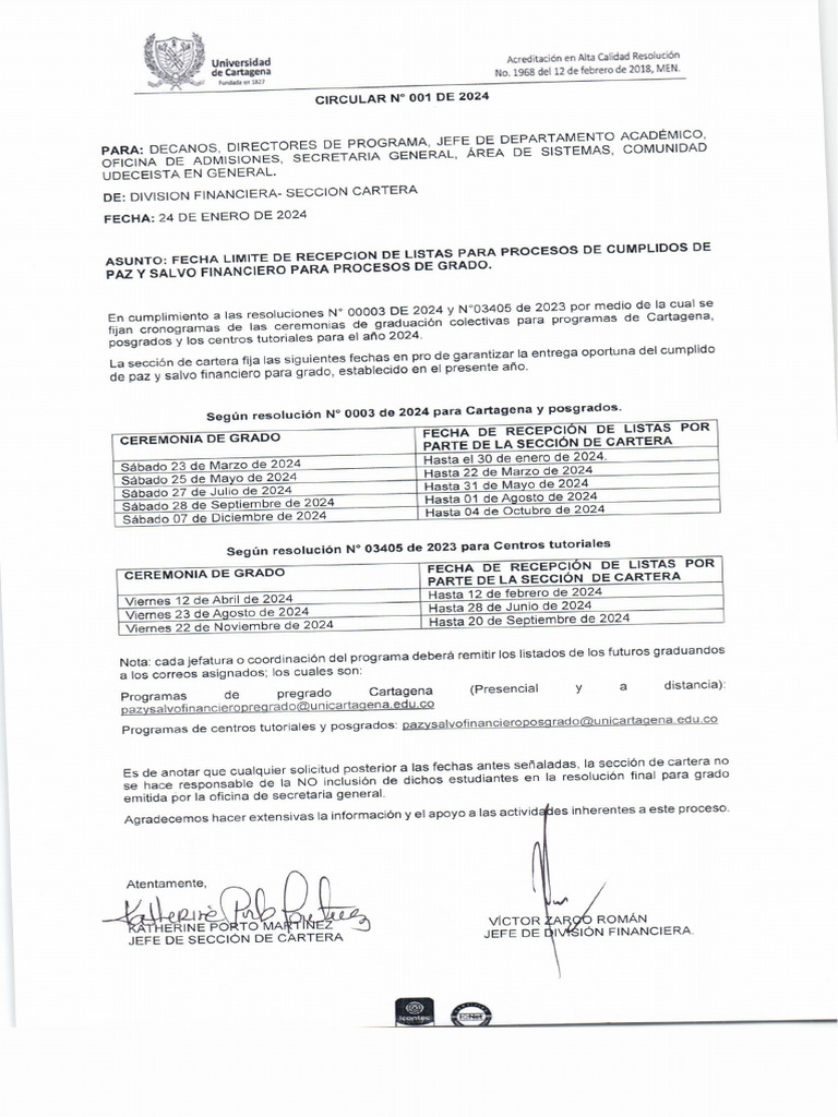 Circular 001 de 2024 - Fecha de Recepcion de Solicitudes Listados para Grado. | PDF