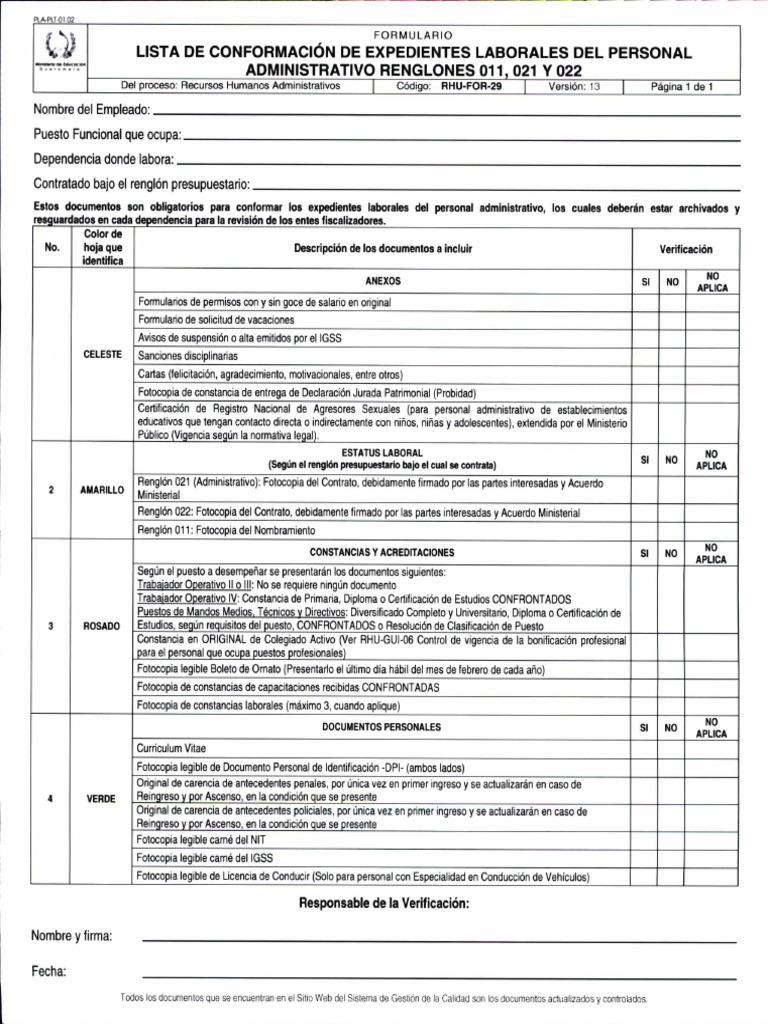 RHU-FOR-29 Lista de Conformación de Expediente | PDF