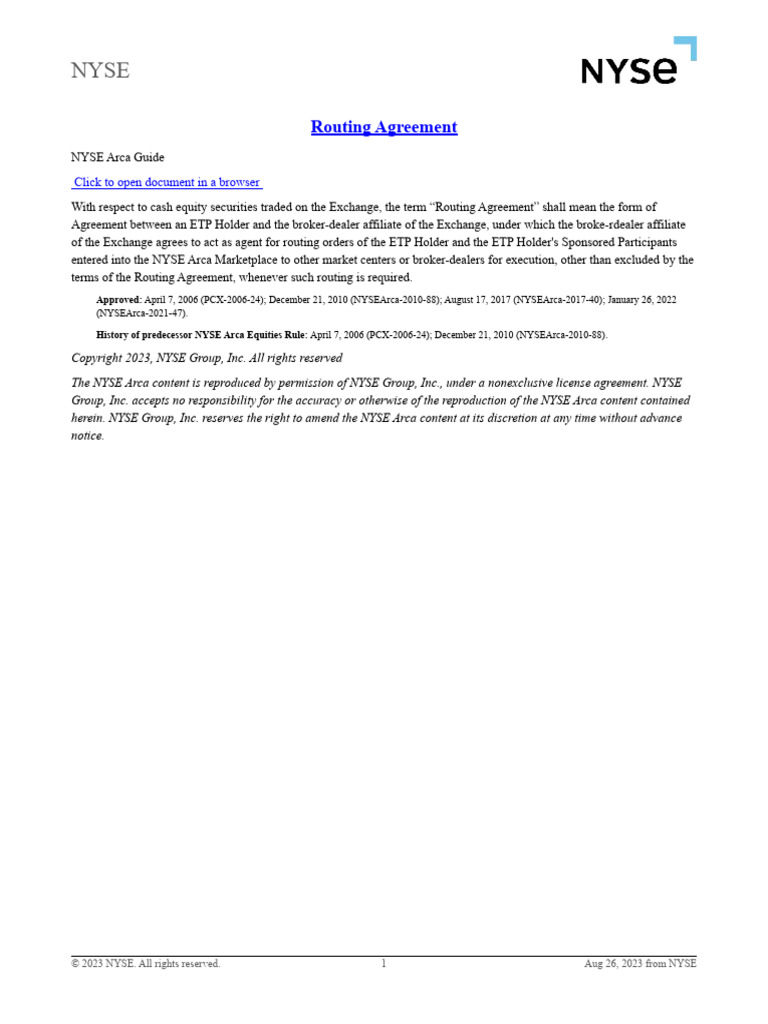 NYSE Arca Routing Agreement Overview | PDF