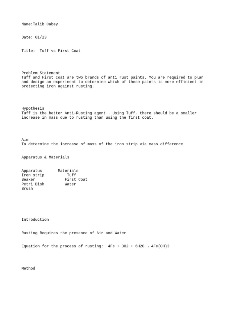 Tuff vs First Coat: Anti-Rust Efficiency | PDF | Rust | Mass