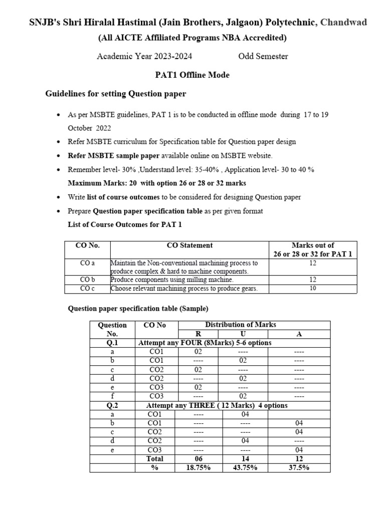 PAT 1 Guidelines for Mechanical Engineering | PDF | Machining | Gear