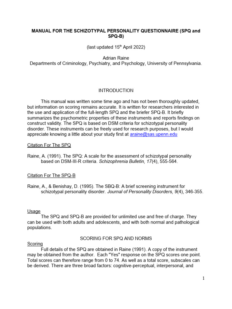 SPQ Manual | PDF | Personality Disorder | Validity (Statistics)