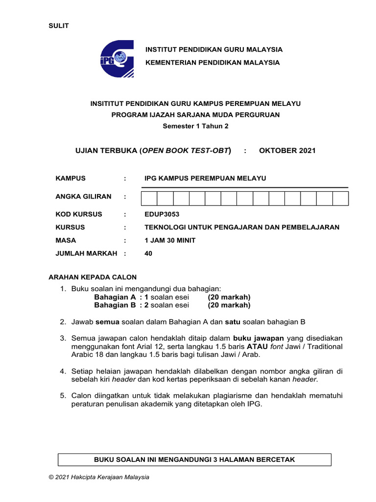 Edup3053 - Soalan 0bt-Okt 2021 | PDF