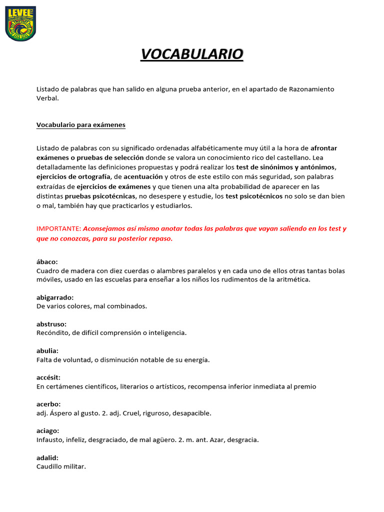 Glosario de Vocabulario para Exámenes | PDF