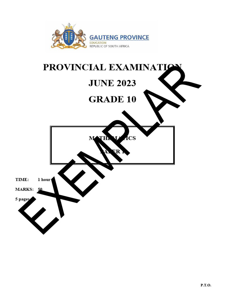 Grade 10 Provincial Examination Mathematics P1 (English) June 2023 Question Paper | PDF ...