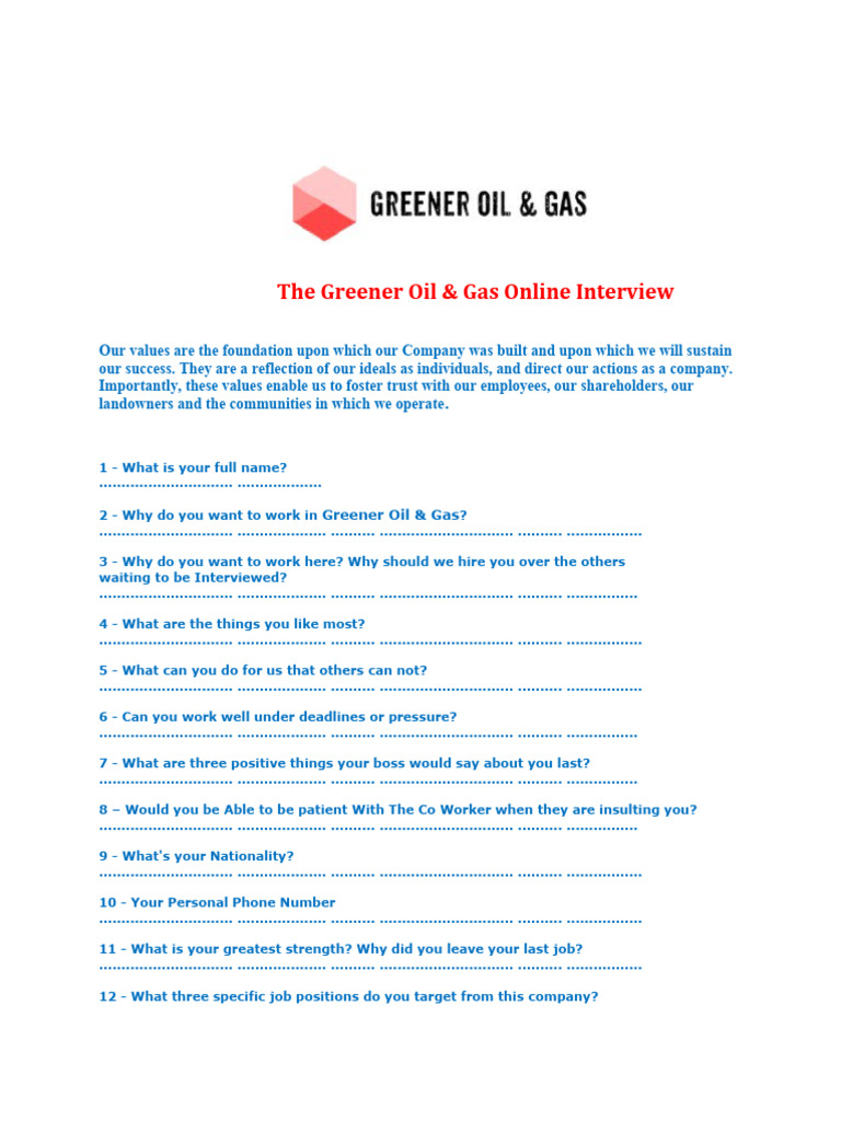 The Greener Oil & Gas Online Job Interview | PDF | Labor | Business