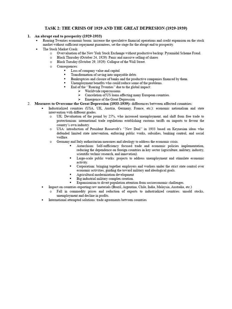 The Crisis of 1929 and The Great Depresion (Unit 6, Task 2) | PDF | Great Depression | Wall ...
