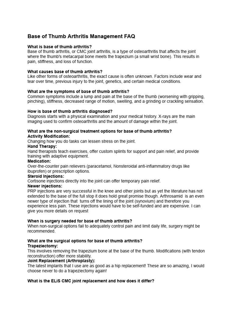 FAQ For Base of Thumb Arthritis | PDF | Osteoarthritis | Arthritis