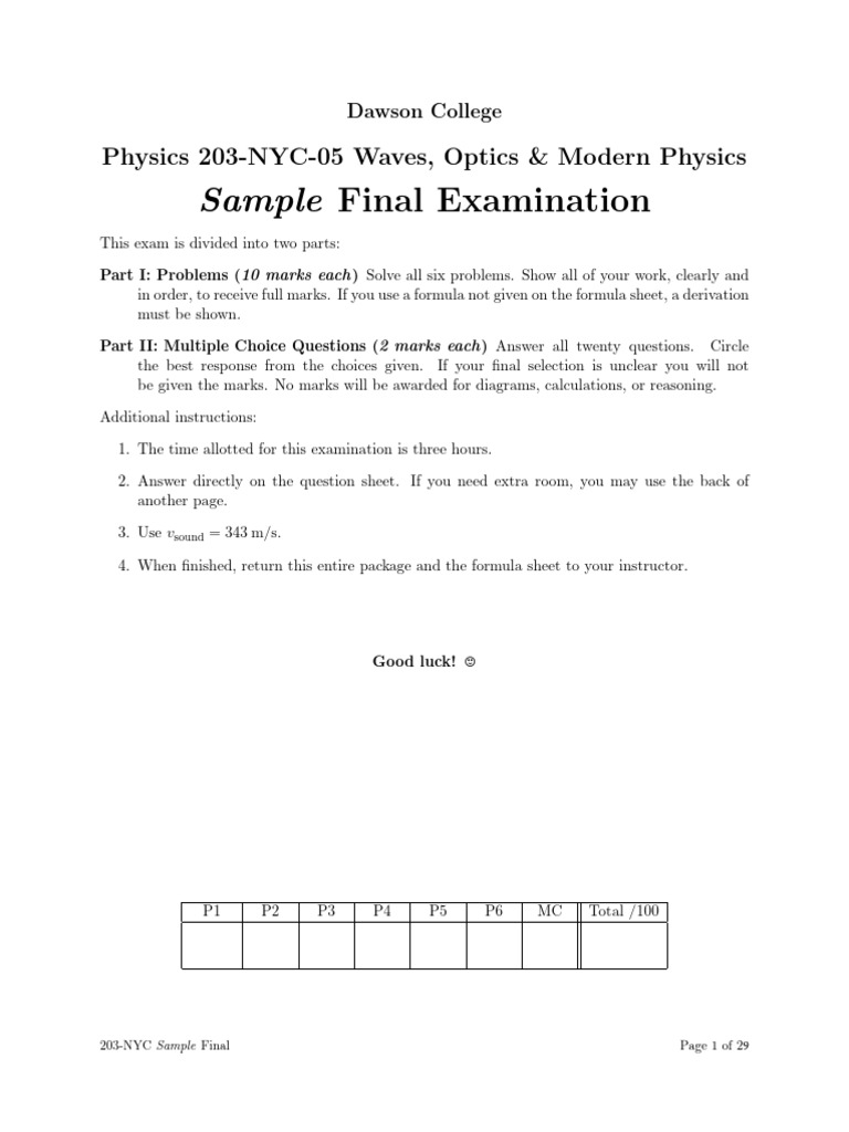 NYCSampleFinalExam New-Version W22 | PDF | Waves | Light