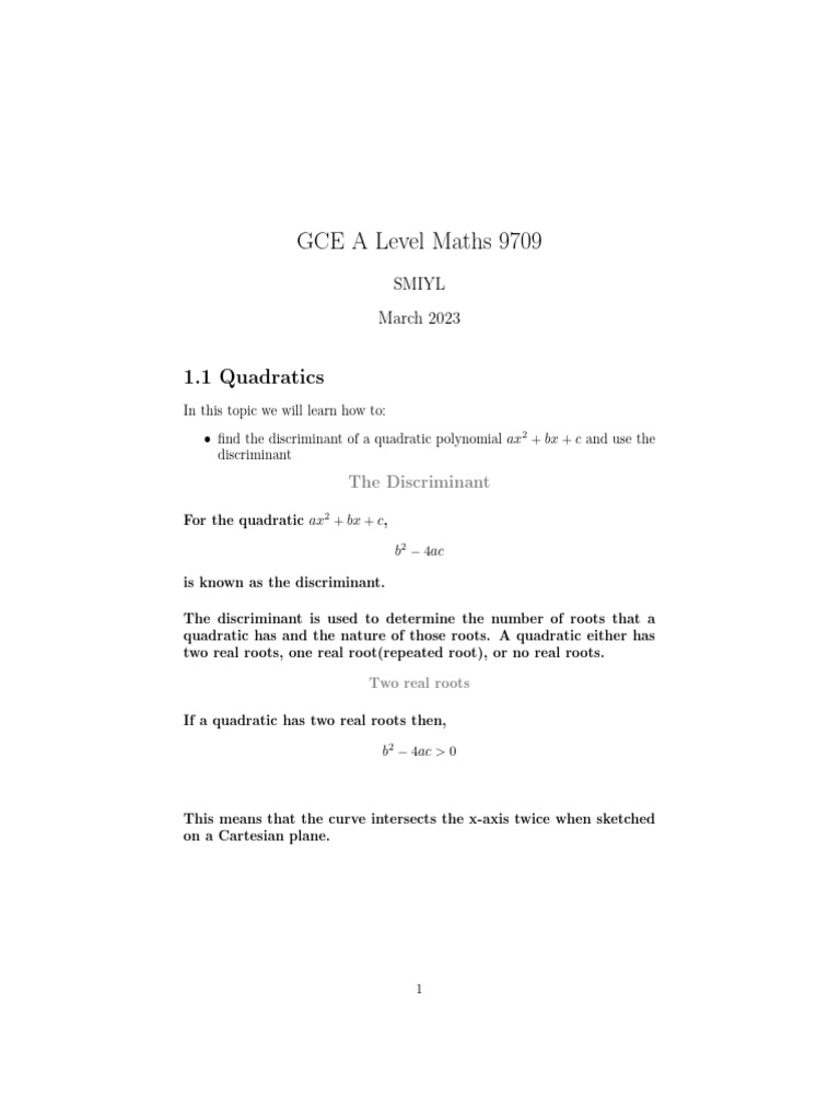GCE AS Level Quadratics Discriminant | PDF | Quadratic Equation ...