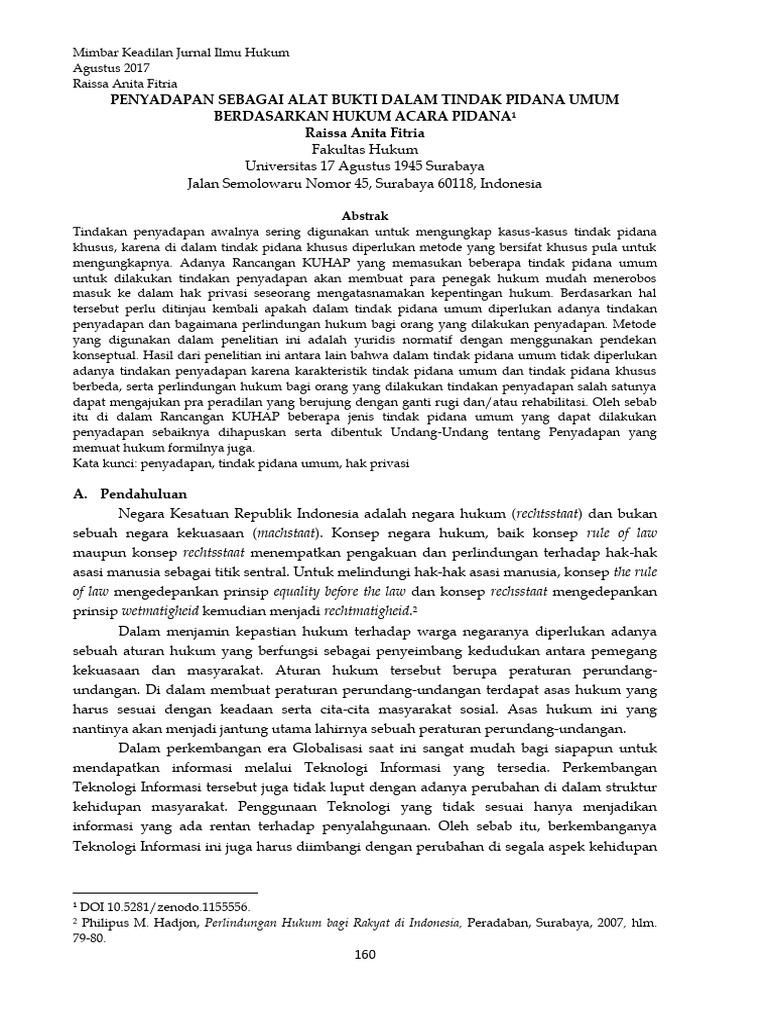 Penyadapan Sebagai Alat Bukti Dalam Tindak Pidana | PDF