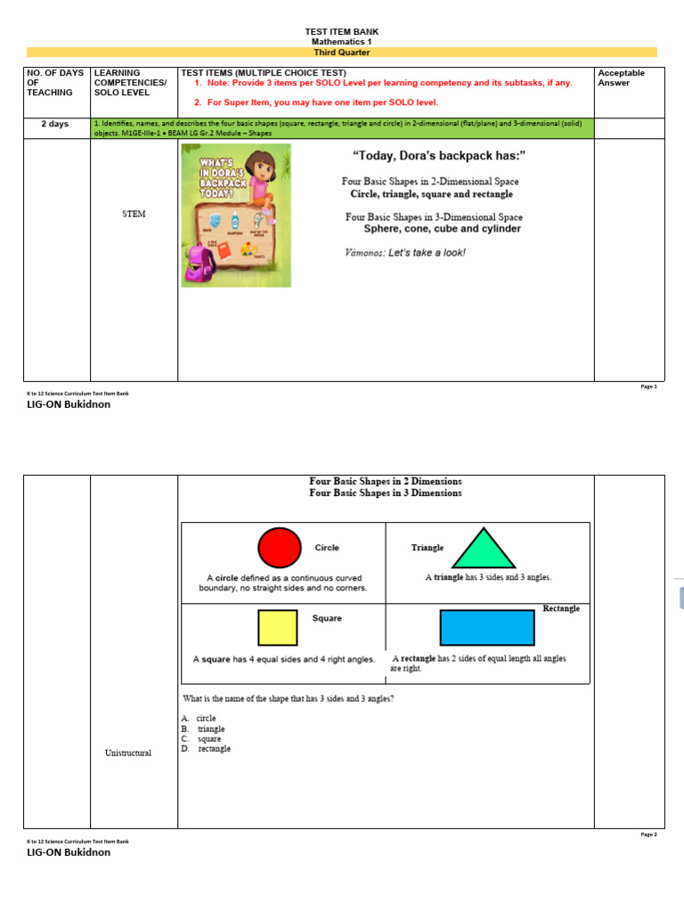Aljean Asbi-Math 1-Test Item Bank | PDF | Shape | Triangle