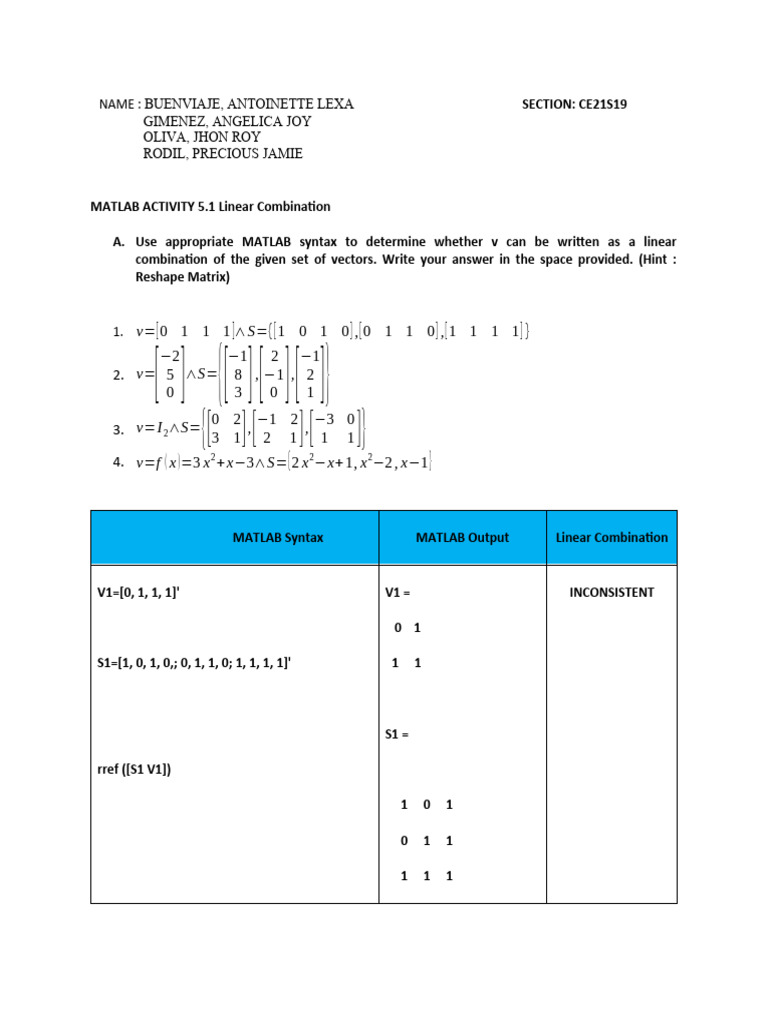 MATLAB 5.1 - Linear Combination-Group-2 | PDF | Linear Algebra | Algebra