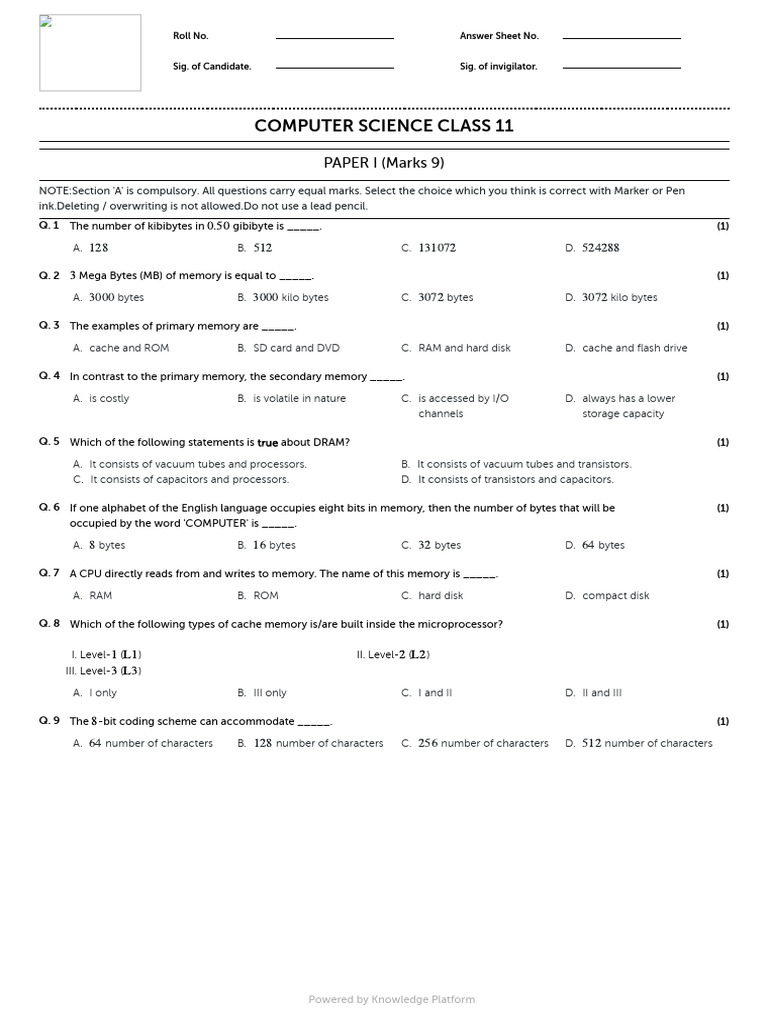 2 Computer Science Xi Sample Exam Paper Pdf Random Access Memory Computer Data Storage