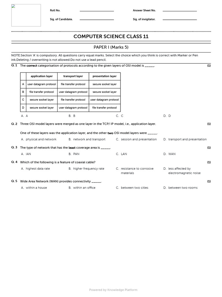 5 Computer Science XI Sample Exam Paper | Download Free PDF | Osi Model ...