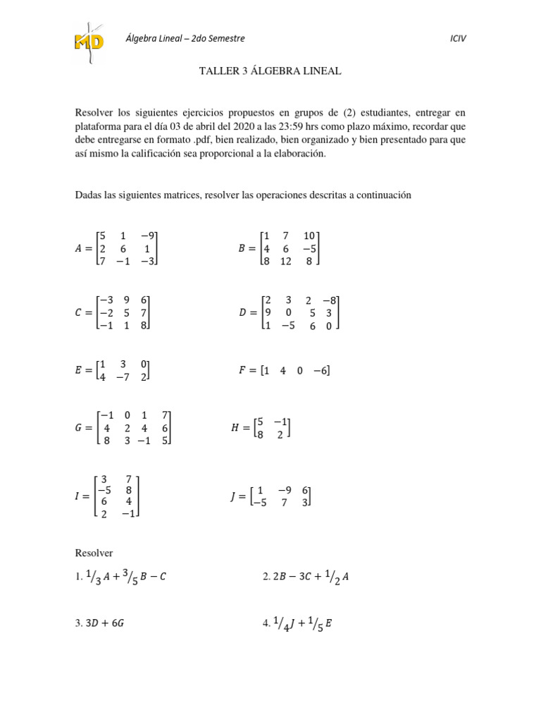 Taller 3 Álgebra Lineal ICIV | PDF