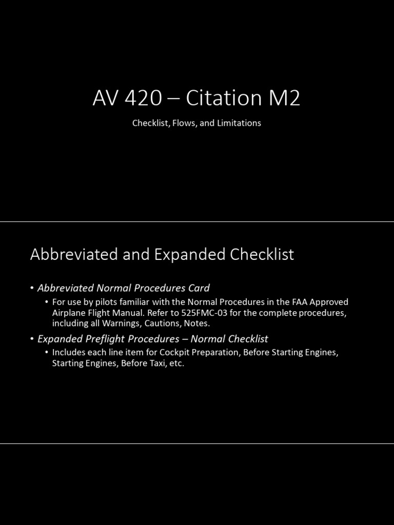 AV 420 - Checklist, Flows, and Limitations | PDF | Cockpit | Takeoff