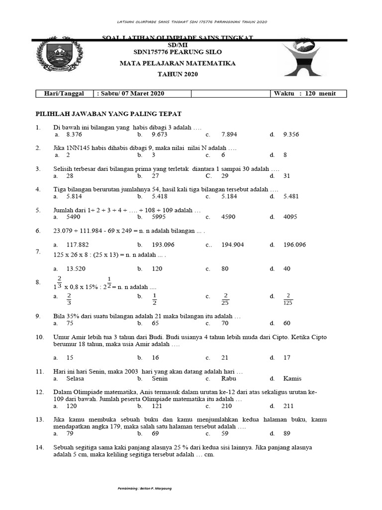 Soal Latihan Olimpiade Sains Tingkat SD 2020 | PDF