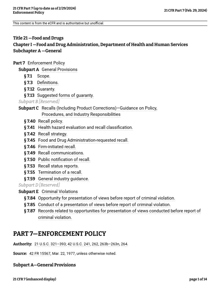 21 CFR Part 7 (Up To Date As of 2-29-2024) | Download Free PDF | Food ...