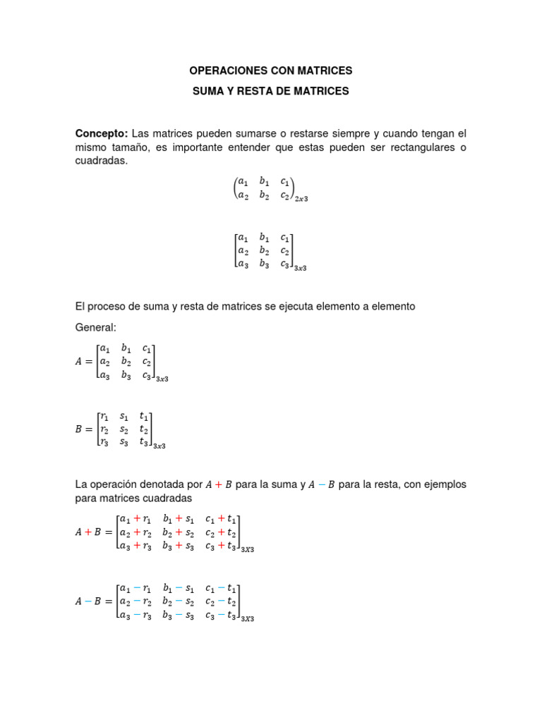 Operaciones Básicas con Matrices | PDF | Matriz (Matemáticas) | Sustracción