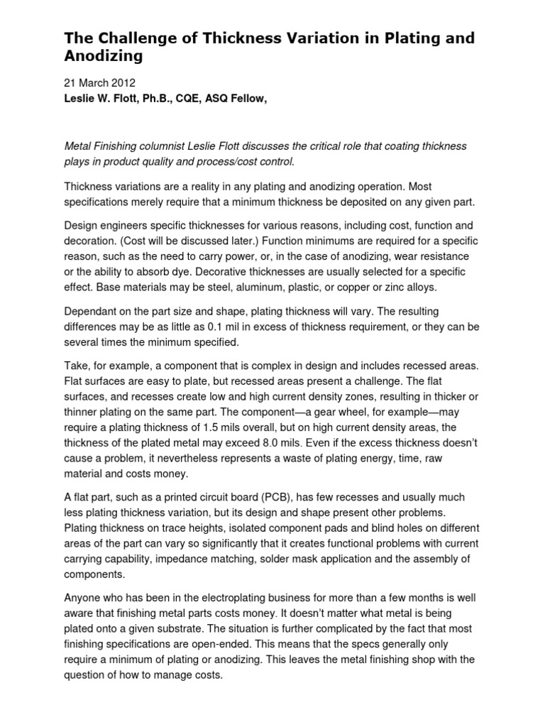 The Challenge of Thickness Variation in Plating and Anodizing | PDF ...