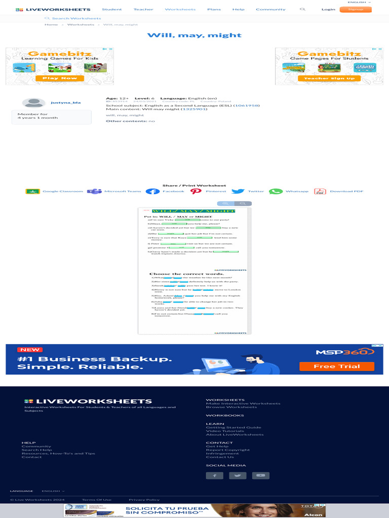 Will, May, Might Interactive Worksheet Live Worksheets 2 | PDF | Worksheet | Cyberspace
