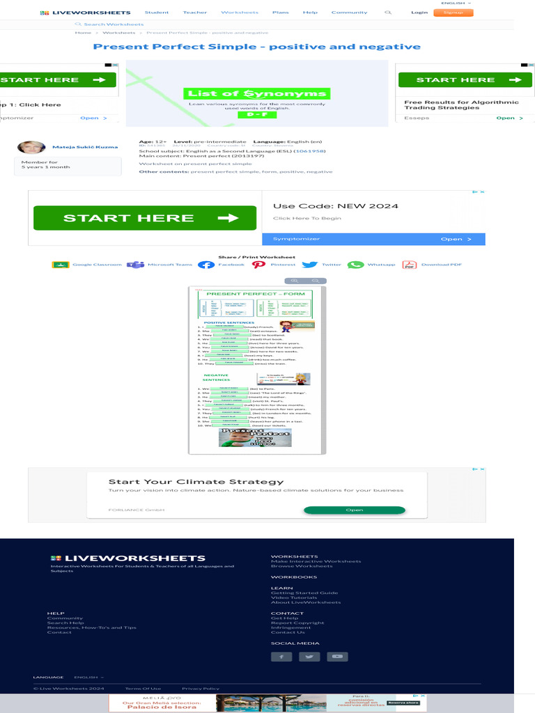 Present Perfect Simple Positive And Negative Worksheet Live