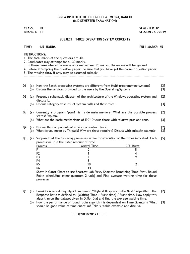 It4023 Operating System Concepts Mid Sp19 Pdf Scheduling Computing Operating System