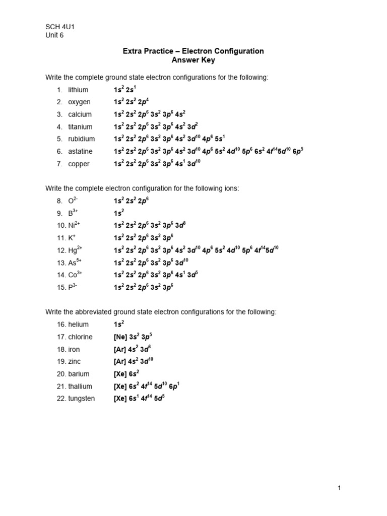 Electron Configuration Worksheet (Answers) | PDF | Electron ...