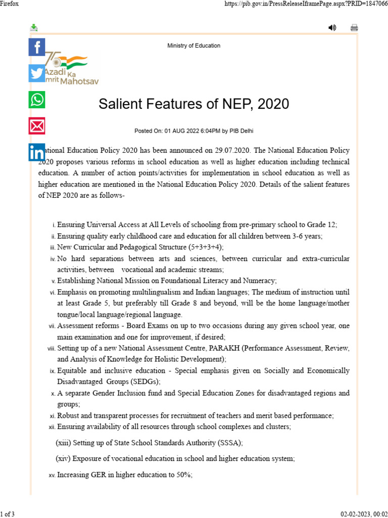 NEP Salient Features | PDF | Education Policy