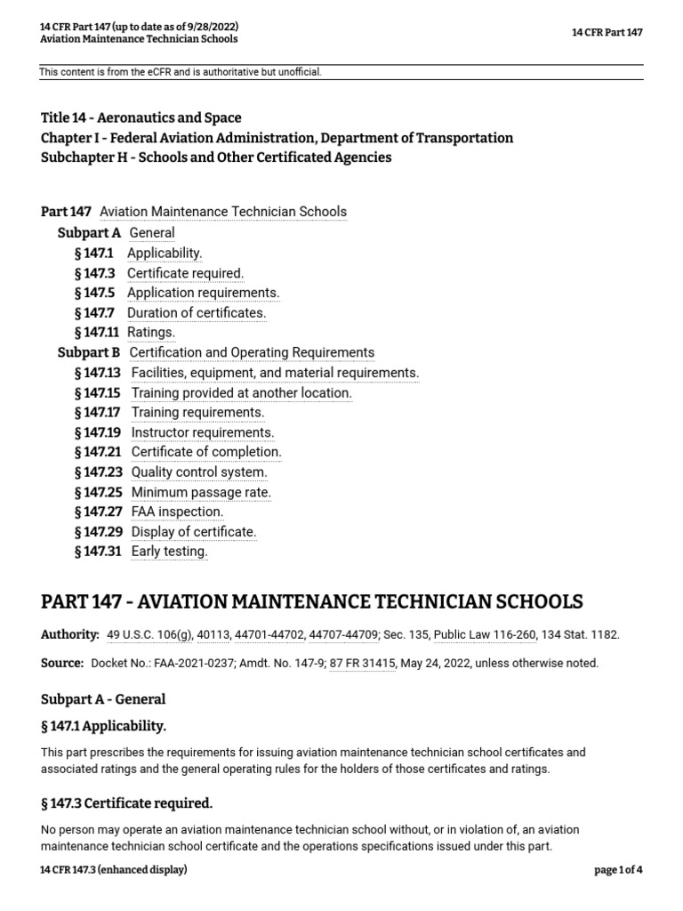 14 CFR Part 147 (Up To Date As of 9-28-2022) | PDF | Federal Aviation Administration