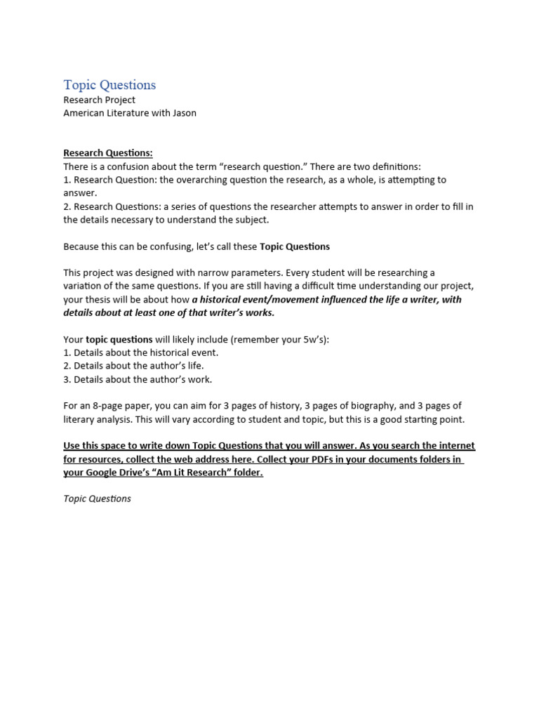 American Literature Research Questions Guide | PDF