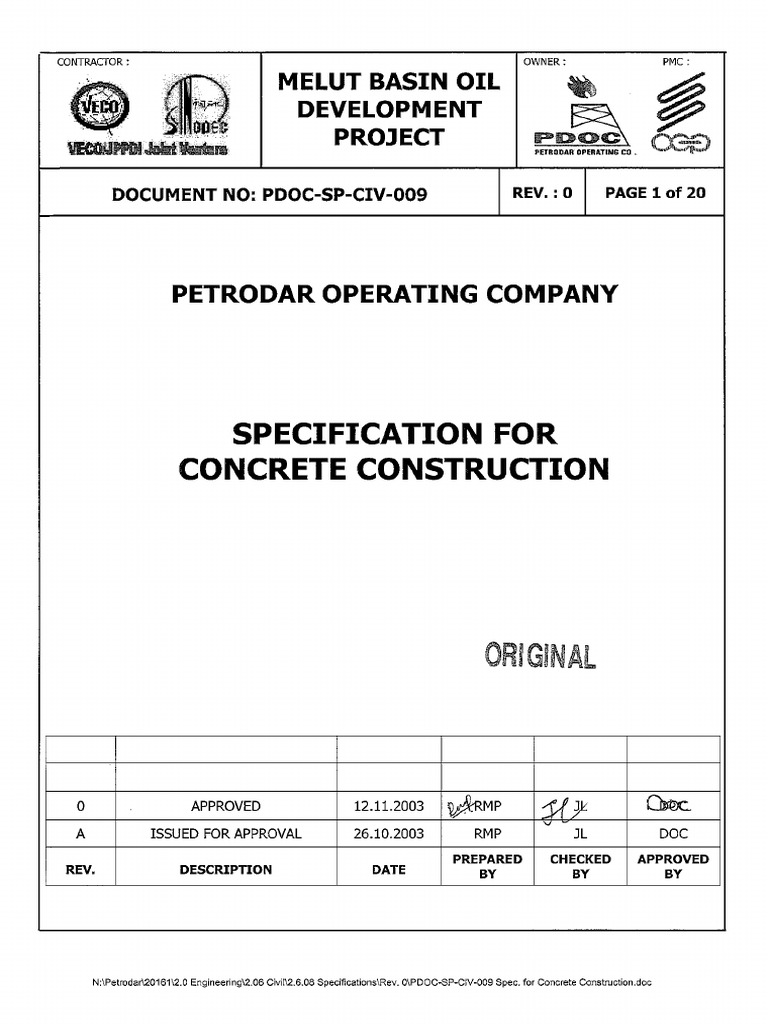 PDOC-SP-CIV-009 Rev.0-Spec. For Concrete Construction | PDF
