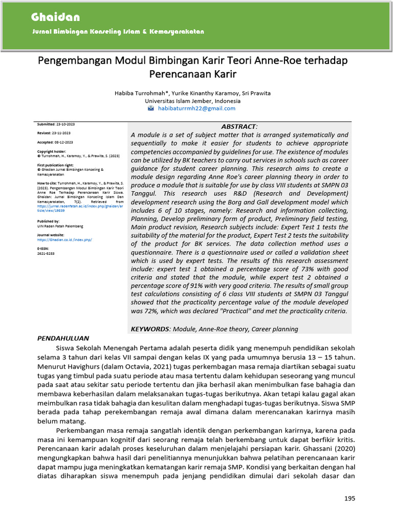 Pengembangan Modul Bimbingan Karir Teori Anne Roe Terhadap Perencanaan ...