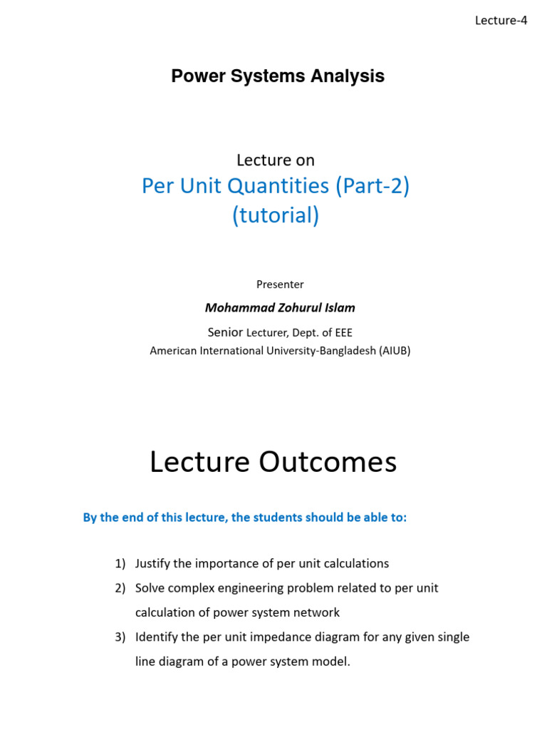 PSA - Lecture 4 - Per Unit Calculations (Part-2) (E) | PDF | Electrical ...