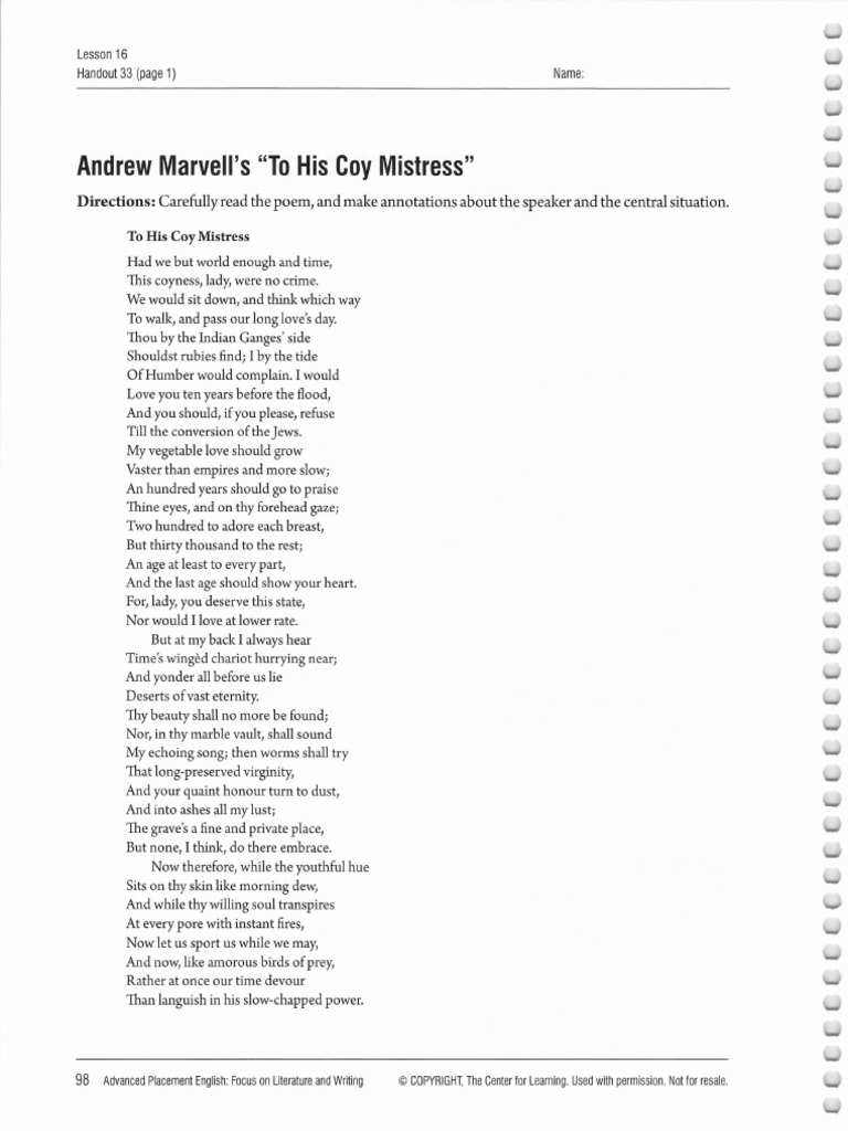 Lesson 16 - Andrew Marvell To His Coy Mistress SE | PDF
