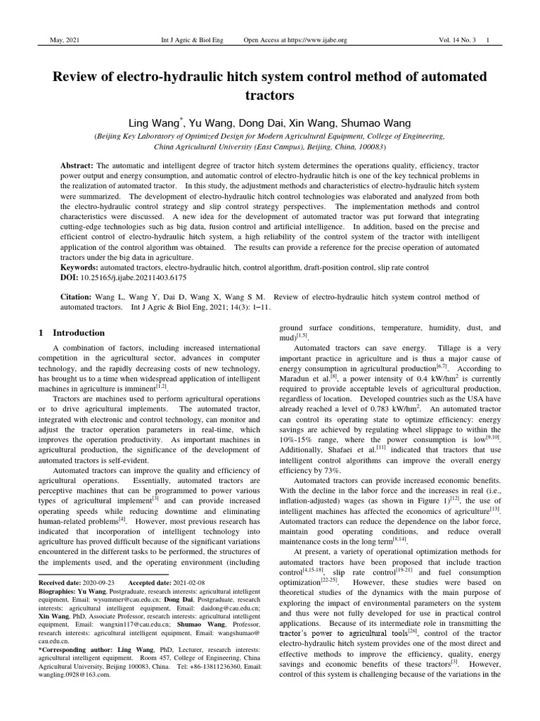Review of electro-hydraulic hitch system control method of automated ...