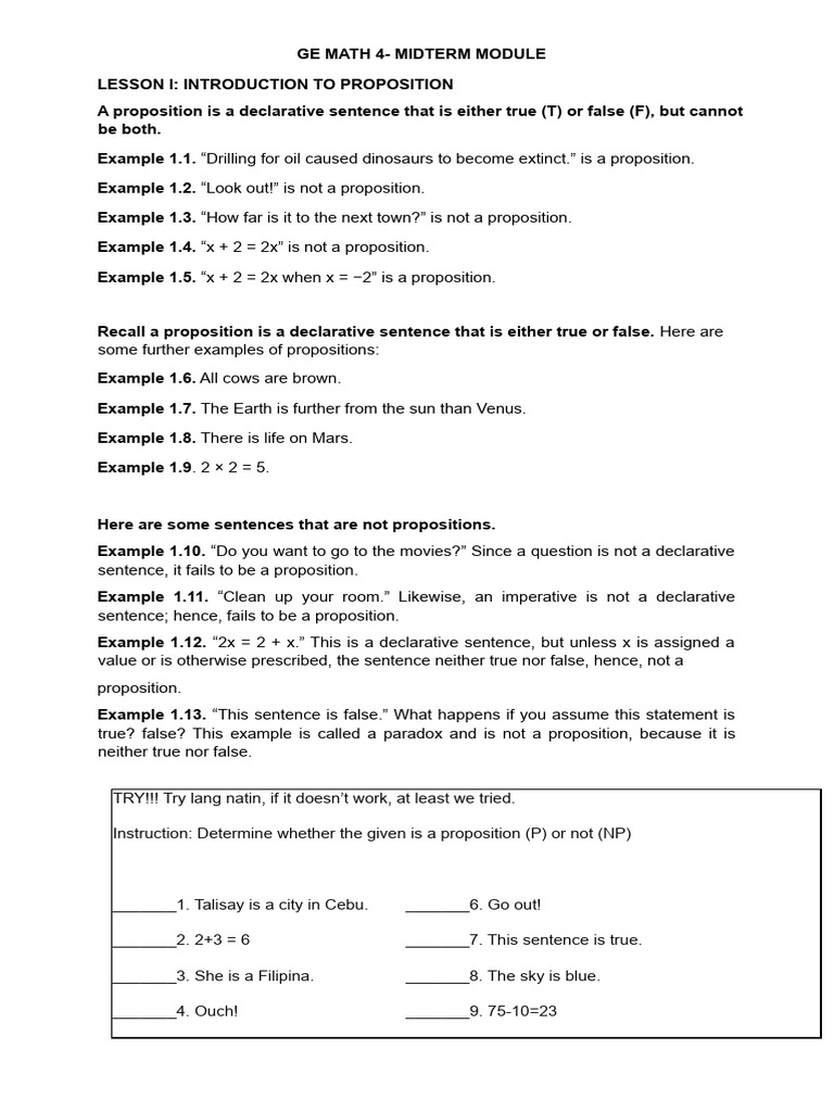 GE Math 4 Midterm | PDF | Argument | Logic