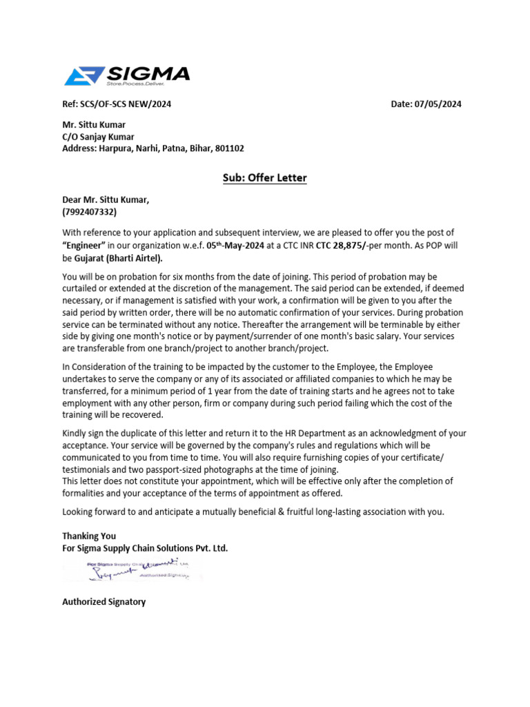 Sigma Supply Chain Offer Letter for Sittu Kumar | PDF | Public Finance ...