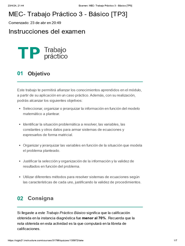 Examen_ MEC- Trabajo Práctico 3 - Básico [TP3]2 | PDF | Matriz (Matemáticas) | Determinante