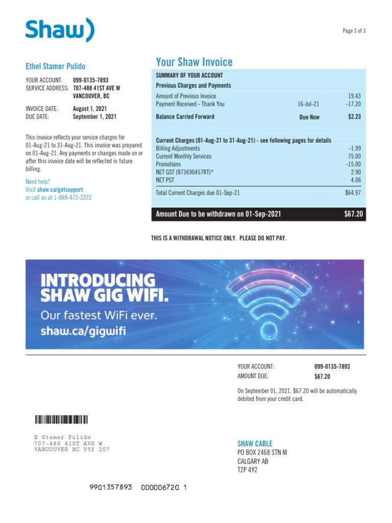 ShawInvoice 09901357893 01aug2021 | PDF | Visa Inc. | Debit Card
