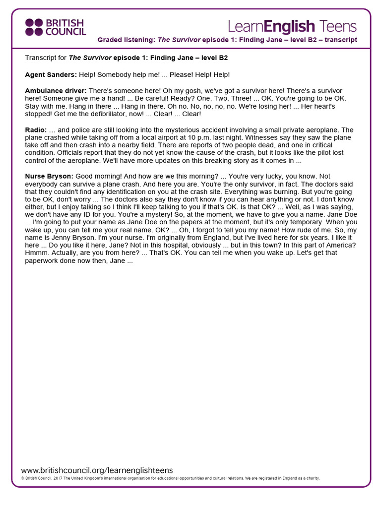 The Survivor Episode 1 Finding Jane - Level b2 - Transcript | PDF