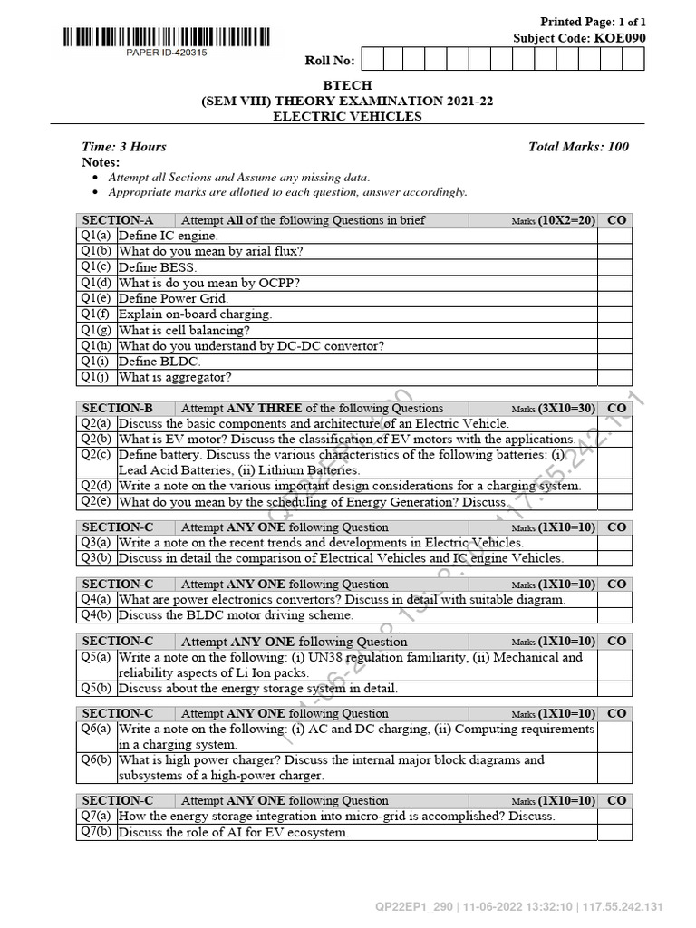Electric Vehicles Exam Paper 2021-22 | PDF | Electric Vehicle | Battery ...