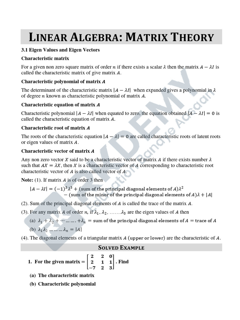 Linear Algebra Matrix Theory - Important | Download Free PDF | Eigenvalues And Eigenvectors ...