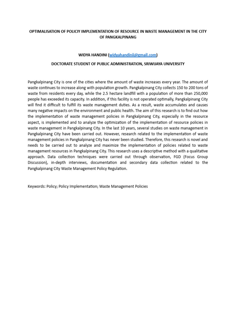 Optimalisation of Policiy Implementation of Resource in Waste ...