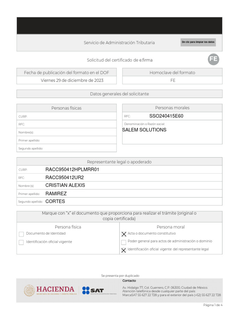 Forma Oficial FE Solicitud de Certificado de E.firma | Descargar gratis ...