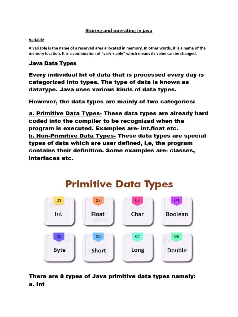 Storing and Operating in Java Class 7 | PDF | Data Type | Integer ...