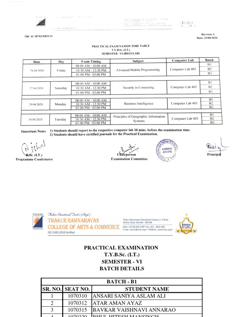 T.Y.B.Sc. (I.T.) Sem. VI Practical Time Table - April 2024 | PDF